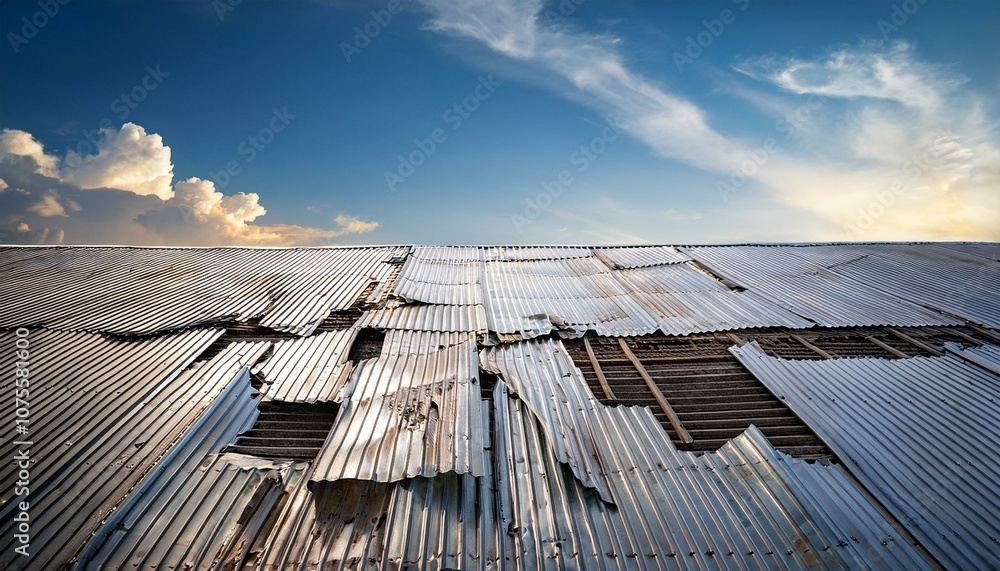 Damaged metal roof, storm damage, sheet metal roofing Stock Photo ...