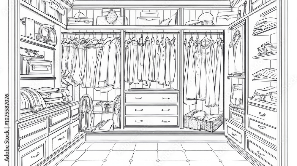 A vector-style wardrobe illustration designed as a coloring book page ...