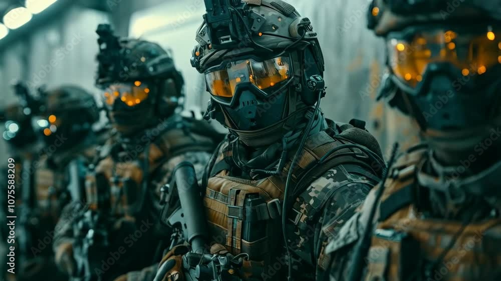 Squad of futuristic soldiers with advanced gear. Armed forces with ...