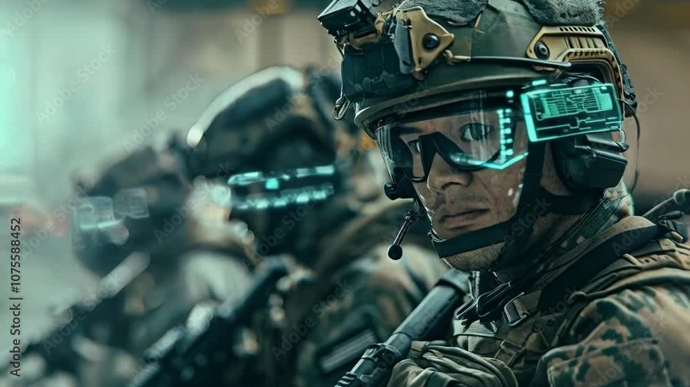 Elite tactical unit with advanced equipment. Special forces, SWAT team. Soldiers with future ...
