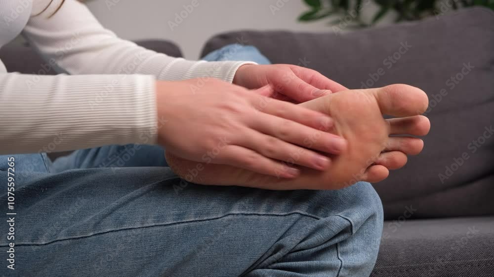 Foot pain concept. Ache young woman with scratch feet, itch foot ...