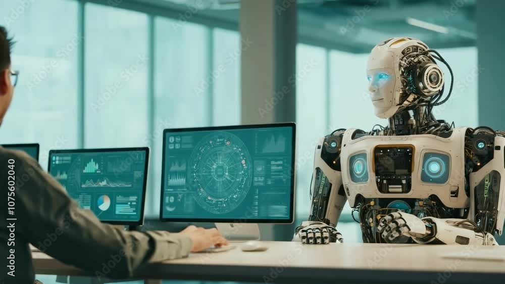 Engineer collaborating with a humanoid robot in a high-tech office, analyzing advanced data ...