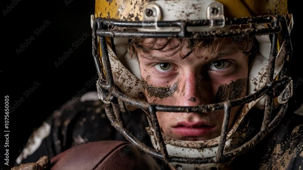 A young football player covered in mud intensely focuses on the game ...