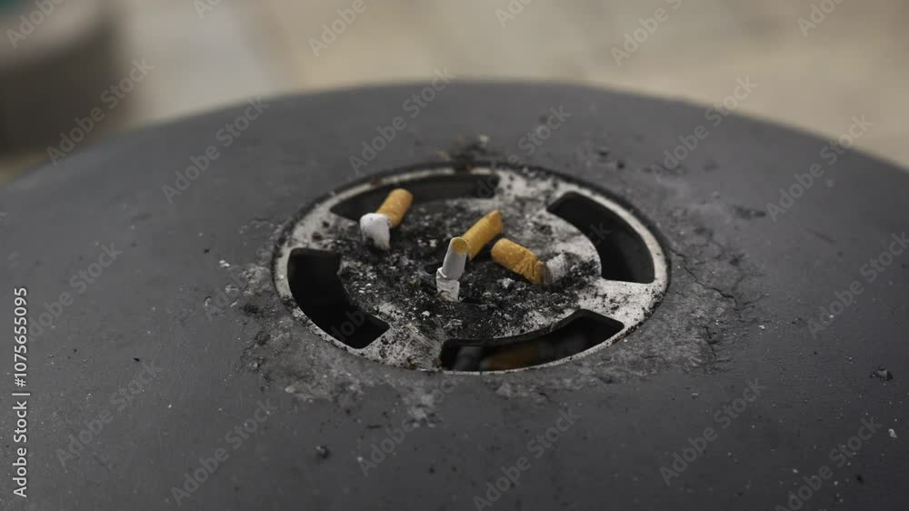 Smoking area at public transport station with trash bin and ashtray ...