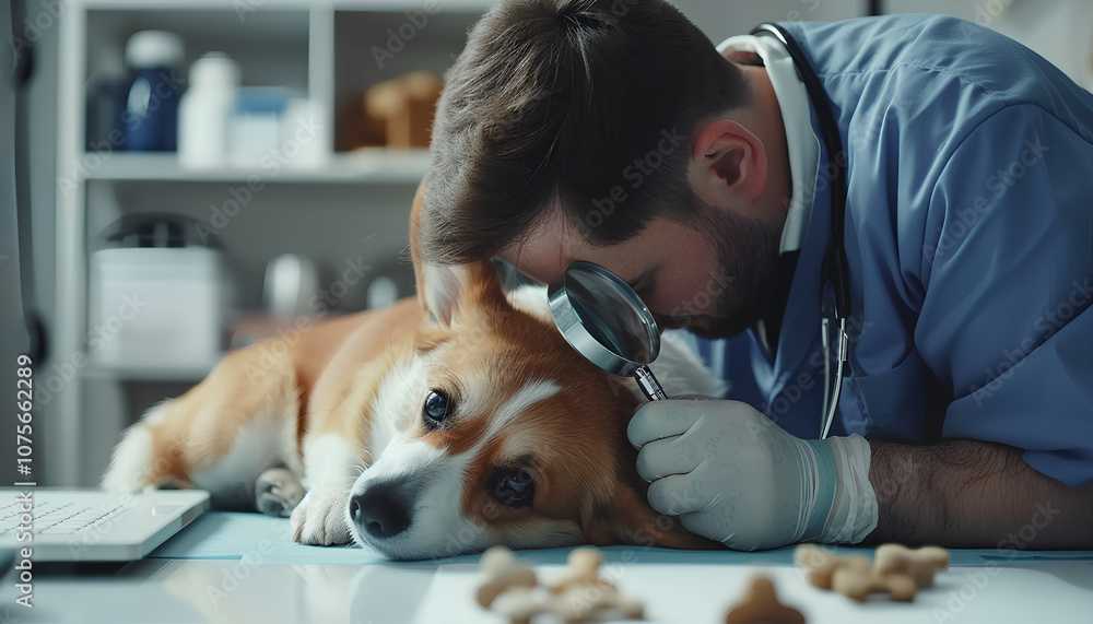 Professional veterinarian with magnifying glass bending over sick corgi ...
