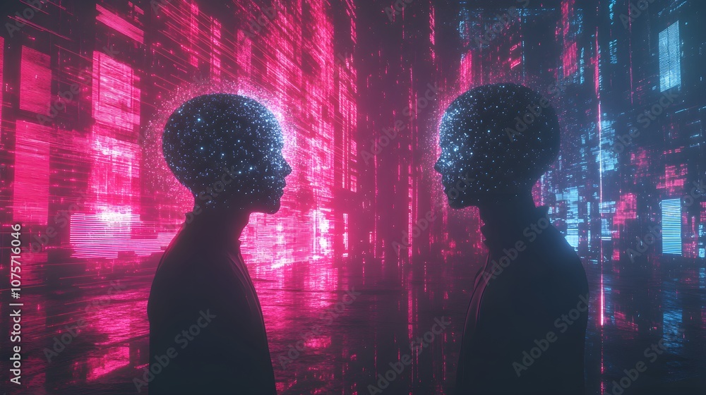 Two figures facing each other with particle brains dispersing into the air, neural decay ...