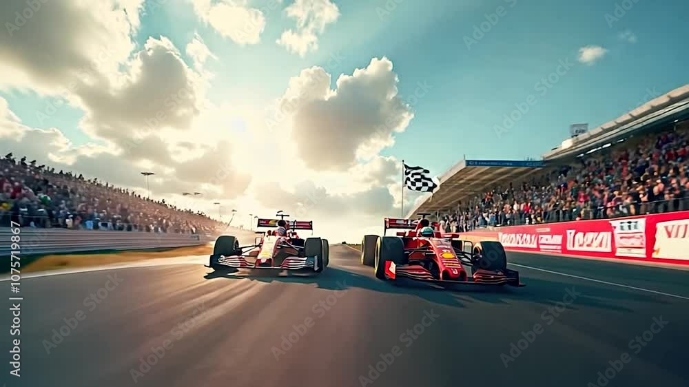 Two Formula 1 Race Cars Crossing Finish Line with Chequered Flag Stock Video | Adobe Stock
