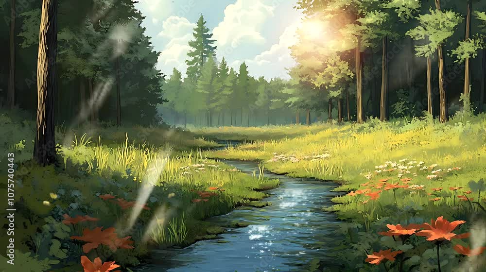 4K animated video of a forest ditch, bordered by a green meadow and ...