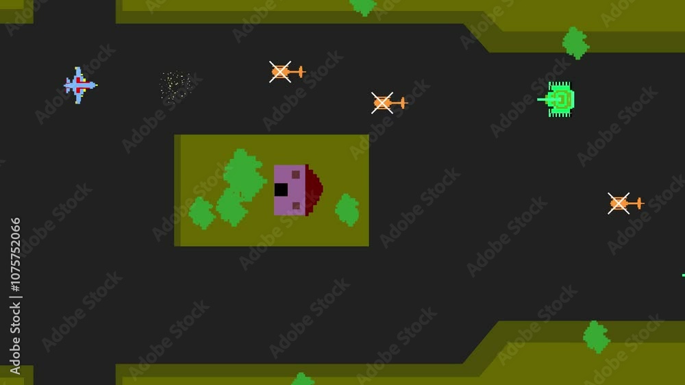 Animated video of a computer game of an 8-bit war airplane shooting ...