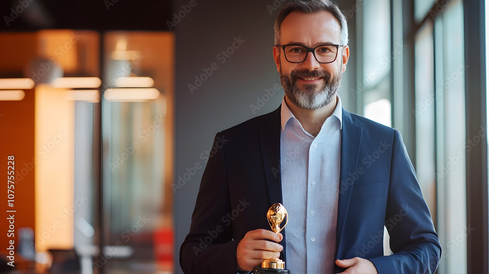 Líder empresarial triunfador sosteniendo un premio en una oficina ...
