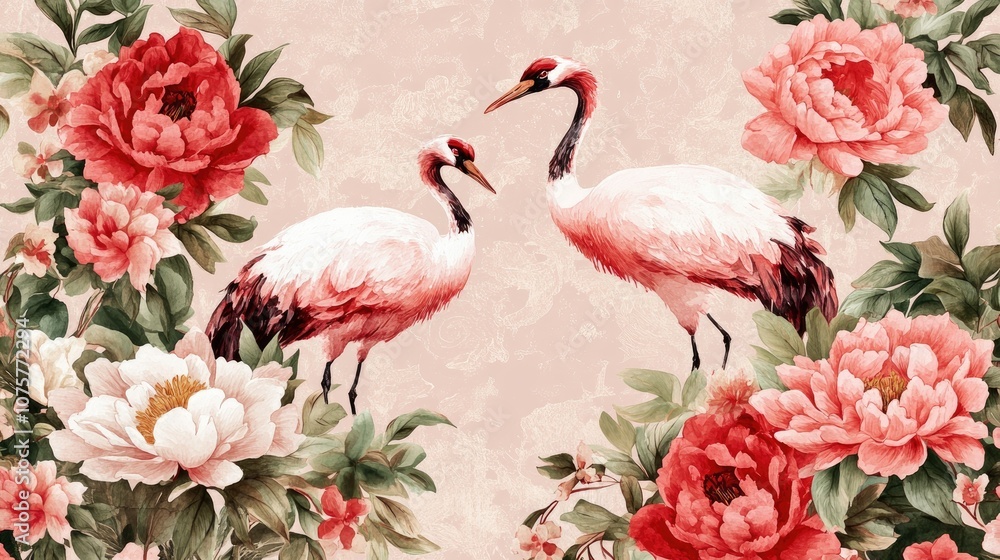 Crane birds vector. Japanese background with watercolor texture ...