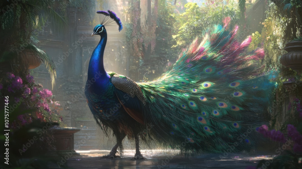 A vibrant peacock with its majestic, iridescent tail feathers fully ...