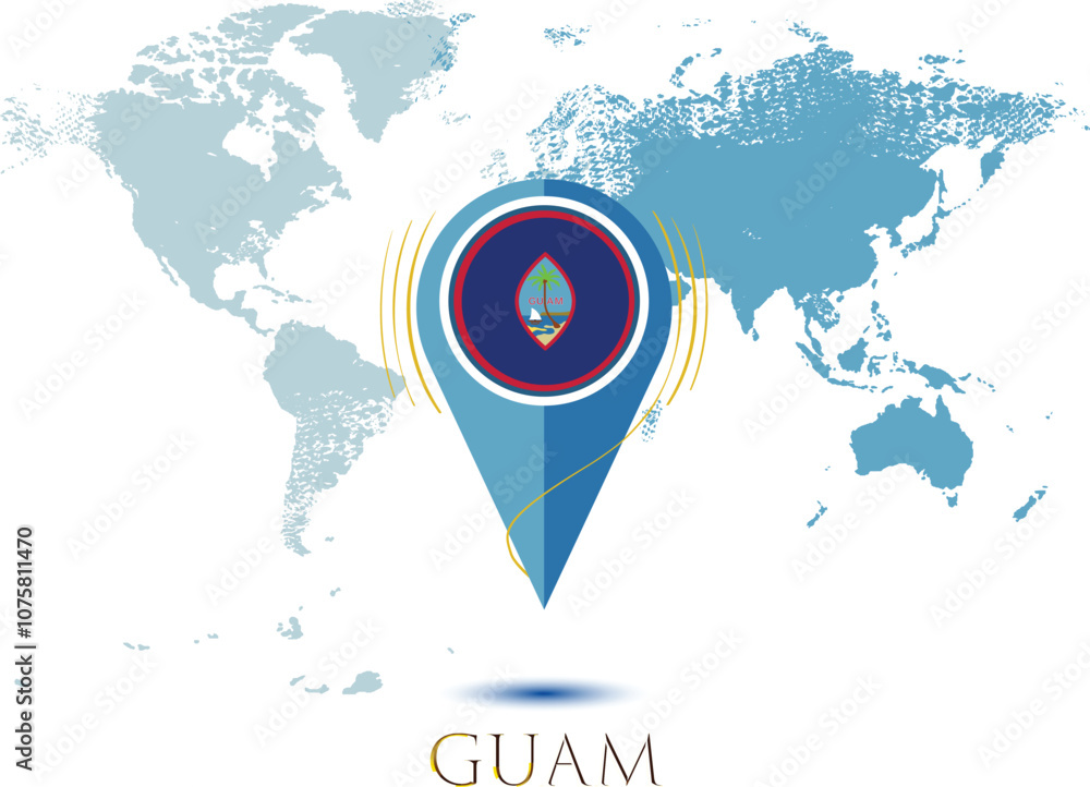 map with magnified GUAM, map of my current position, map pointer icon isolated on white ...