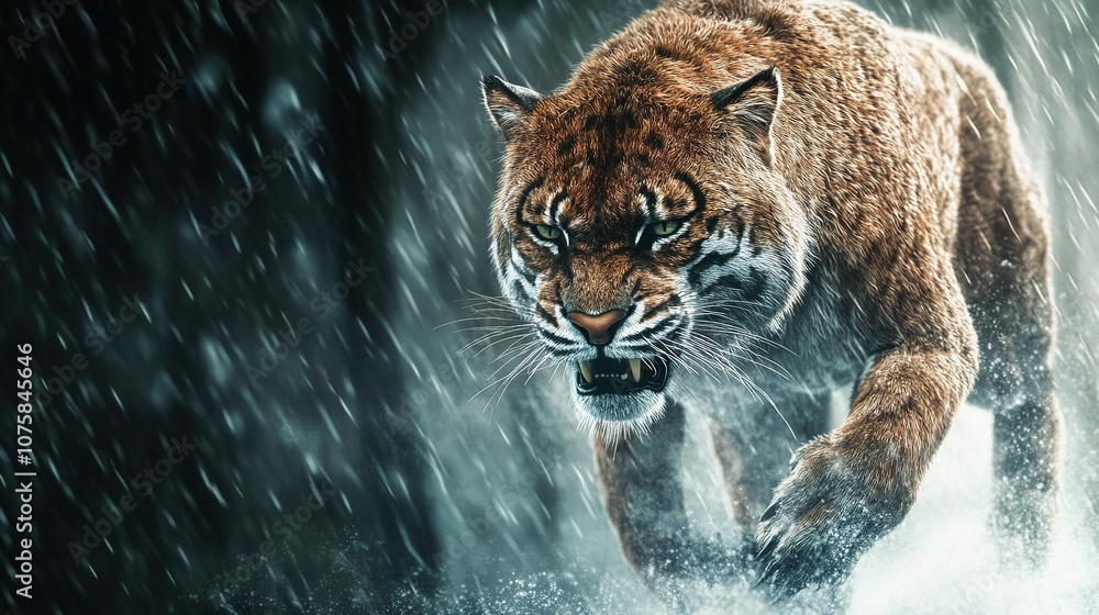 A realistic depiction of a Smilodon, the ancient saber-toothed tiger ...