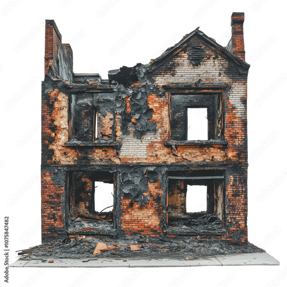 image depicts charred and damaged building, showcasing aftermath of ...