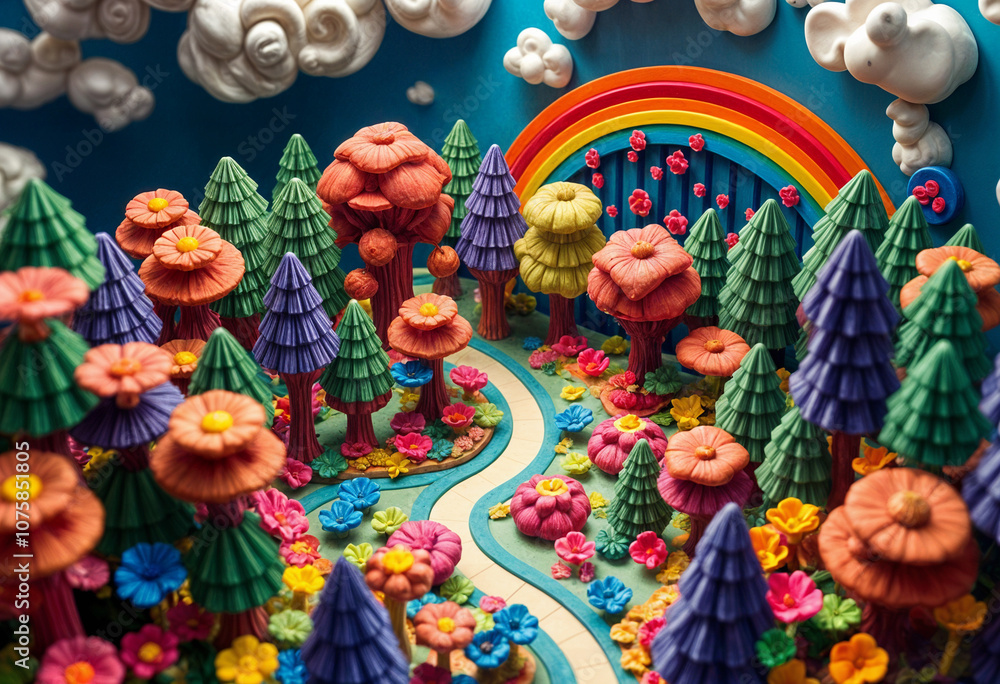 3d claymation artwork of a fantasy rainbow forest in vivid vibrant ...
