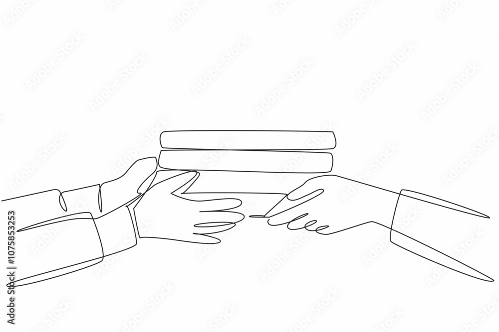 Continuous one line drawing two hands, one passing a stack of books to ...