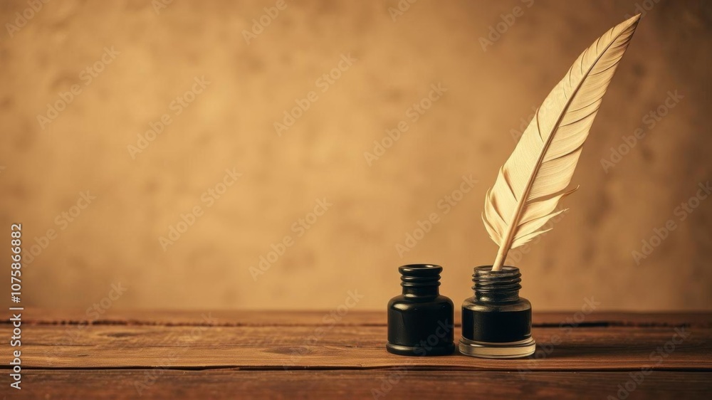 Vintage sepia photograph of a quill pen resting on an inkwell on a ...
