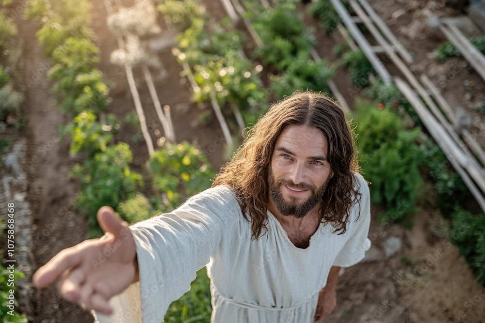 Sacred gesture: Jesus Christ extending helping hand, embodying ...