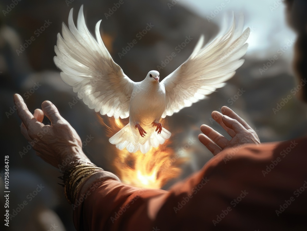 Sacred imagery, white dove as holy spirit emblem, encircled by luminous rays of fire, signifying ...
