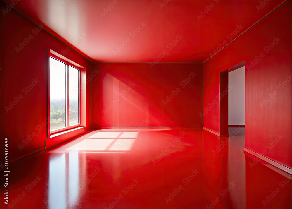 A tilt-shift perspective reveals an empty room with red walls and floor ...