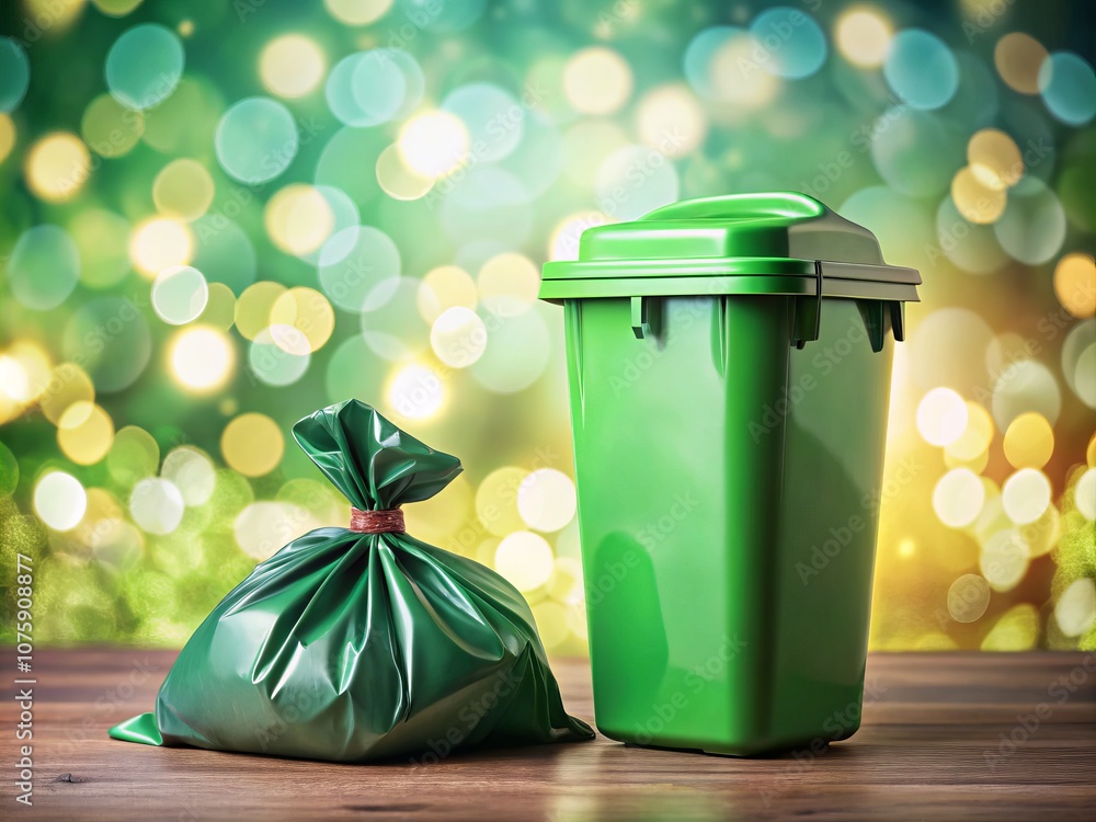 Green Trash Can and Garbage Bag Isolated on a White Background with ...