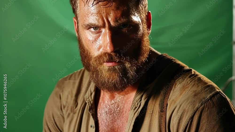 Sweaty, rugged actor with a beard is posing on a green screen movie set ...