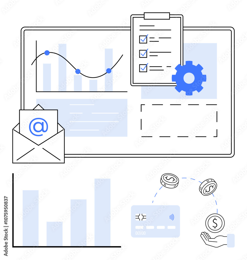 Business analytics dashboard with a line graph, bar chart, email ...