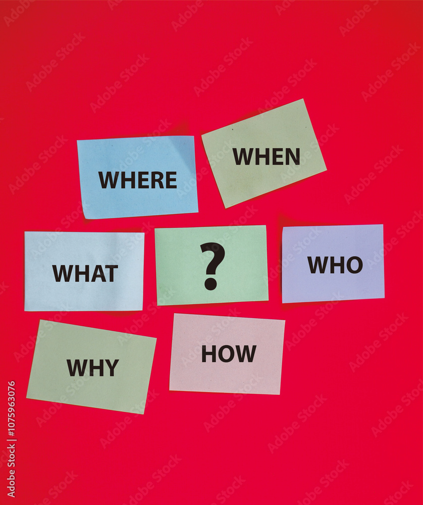 The 5 Ws who, what, when, where, why, how question on colourful sticky ...