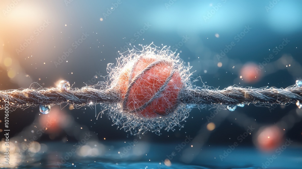 Abstract representation of a basketball caught in a web of fibers ...