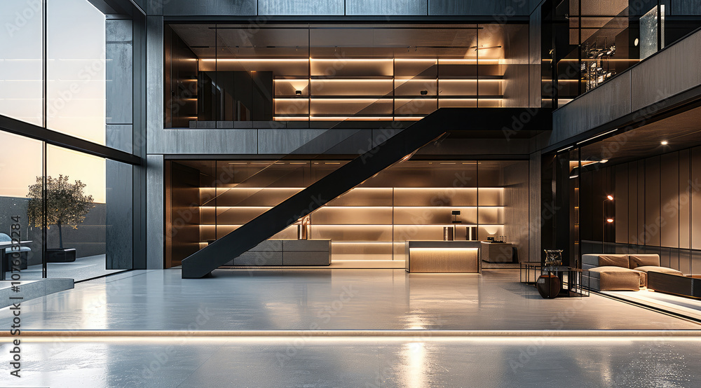 An architectural interior of two-floor contemporary space, ground floor ...