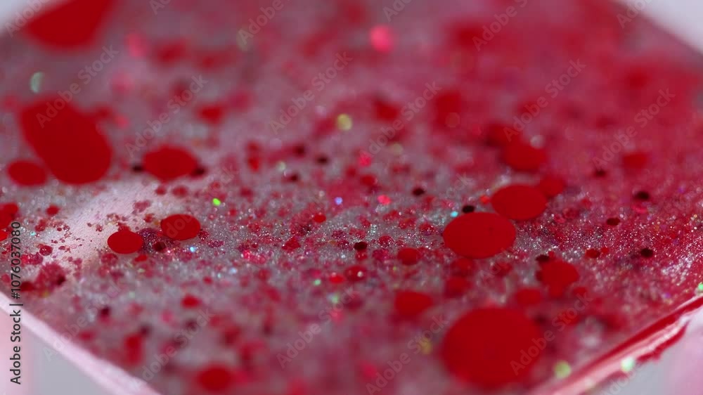 Liquid shimmer drip. Glitter paint mix. Blur red color shiny sequin ...