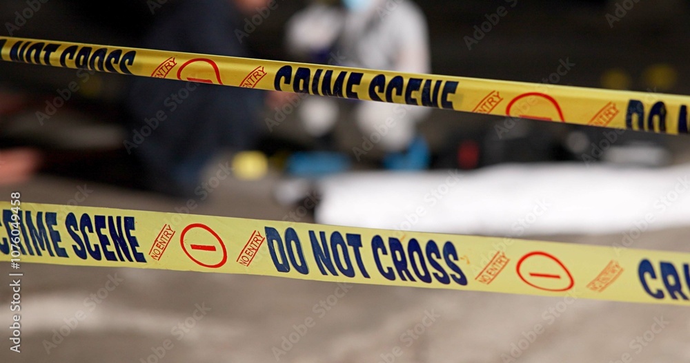 Crime scene, police tape and accident in building for investigation ...