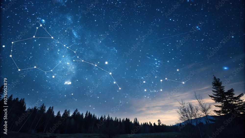 Dark blue background with twinkling stars scattered across the sky ...