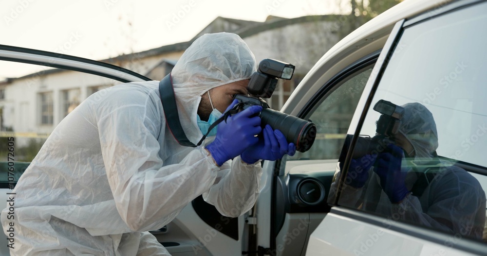 Man, forensic photographer and camera at crime scene by car for ...