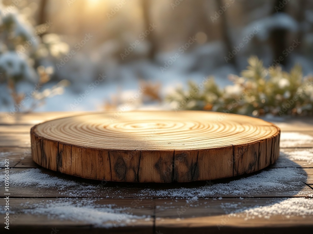 Round Wooden Tree Slice Platform on Snowy Table, Winter Product Display ...