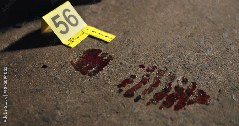 Crime scene, footprint and investigation evidence with number label for ...