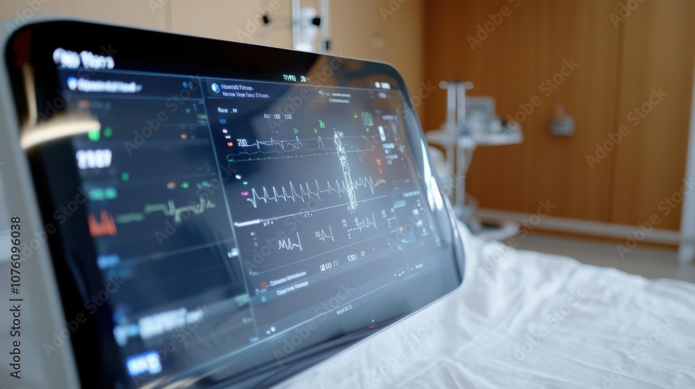 A sleek digital interface displays complex medical data, glowing softly ...