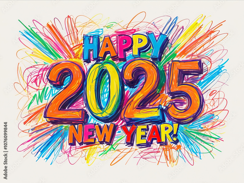 Happy 2025 new year text in scribbles chaotic wax crayon drawing style ...