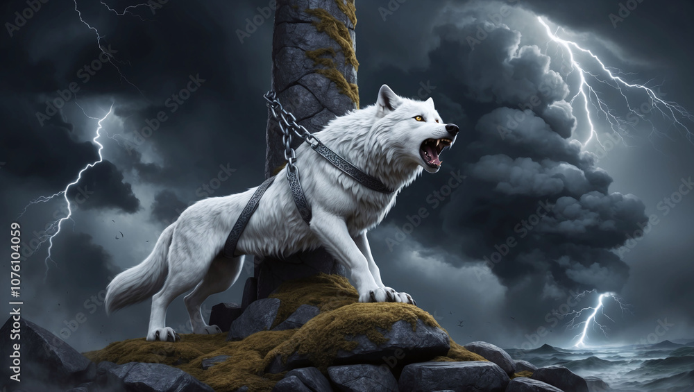 Fenrir the giant wolf chained to a rock under a stormy sky Stock ...