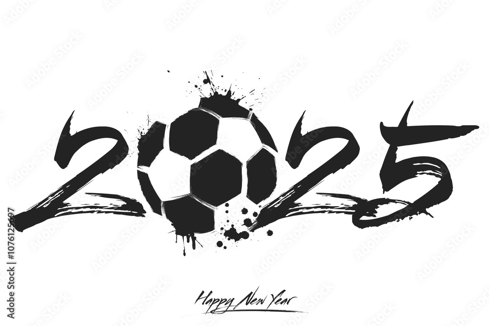 Numbers 2025 and a abstract soccer ball made of blots in grunge style ...