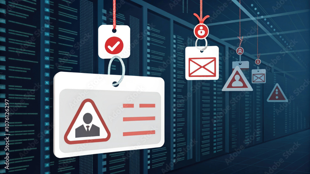 Phishing icons with ID card symbols and warning signs in digital ...