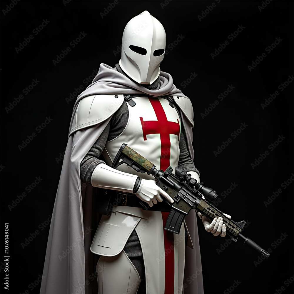 Modern fantasy Templar soldier in white armor holding an assault rifle ...