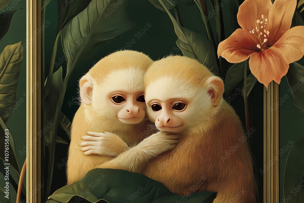 Monkey Day. Cute monkeys hug each other. Love for each other and for ...
