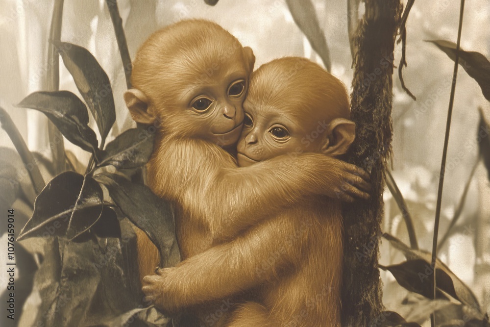 Monkey Day. Cute monkeys hug each other. Love for each other and for ...