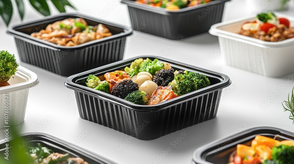 Mockup of disposable containers with food designed for take away. This plastic packaging offers ...