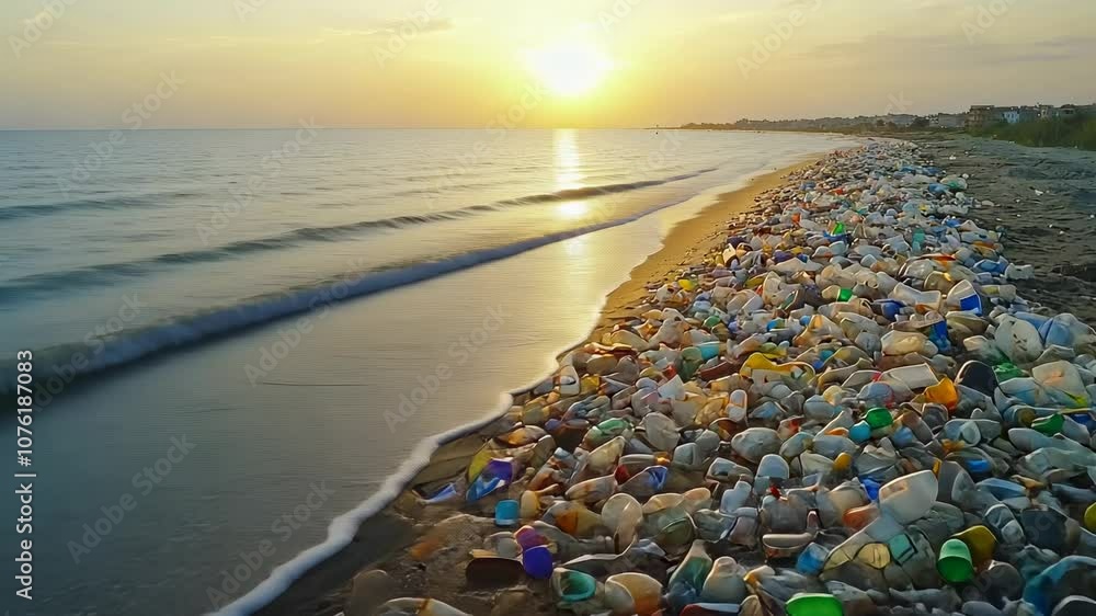 Plastic Pollution on Beach at Sunset, ocean pollution, beach pollution ...