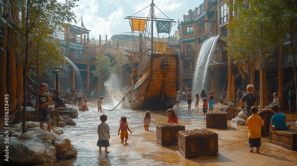 Children playing on a pirate-themed playground, featuring a large ...