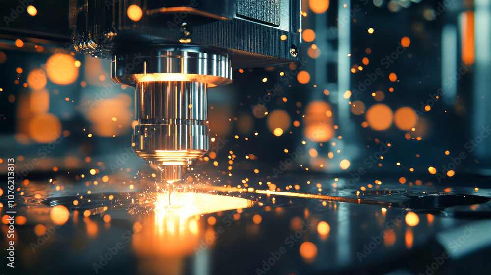 Close-up of a vertical CNC router cutting a metal part, creating sparks ...