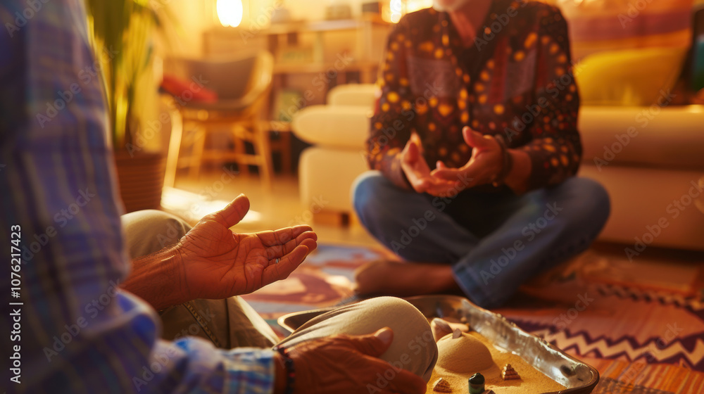 Therapist using sand tray with miniature objects in cozy room to help ...
